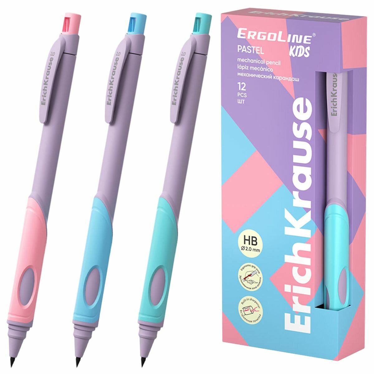 Карандаш механический Erich Krause ErgoLine Kids Pastel (2мм, HB, с точилкой) (63833), 12шт.