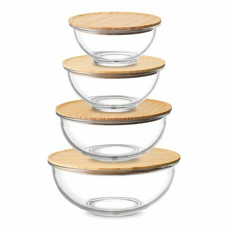 Набор из 4-х стеклянных мисок eco store с крышками из бамбука