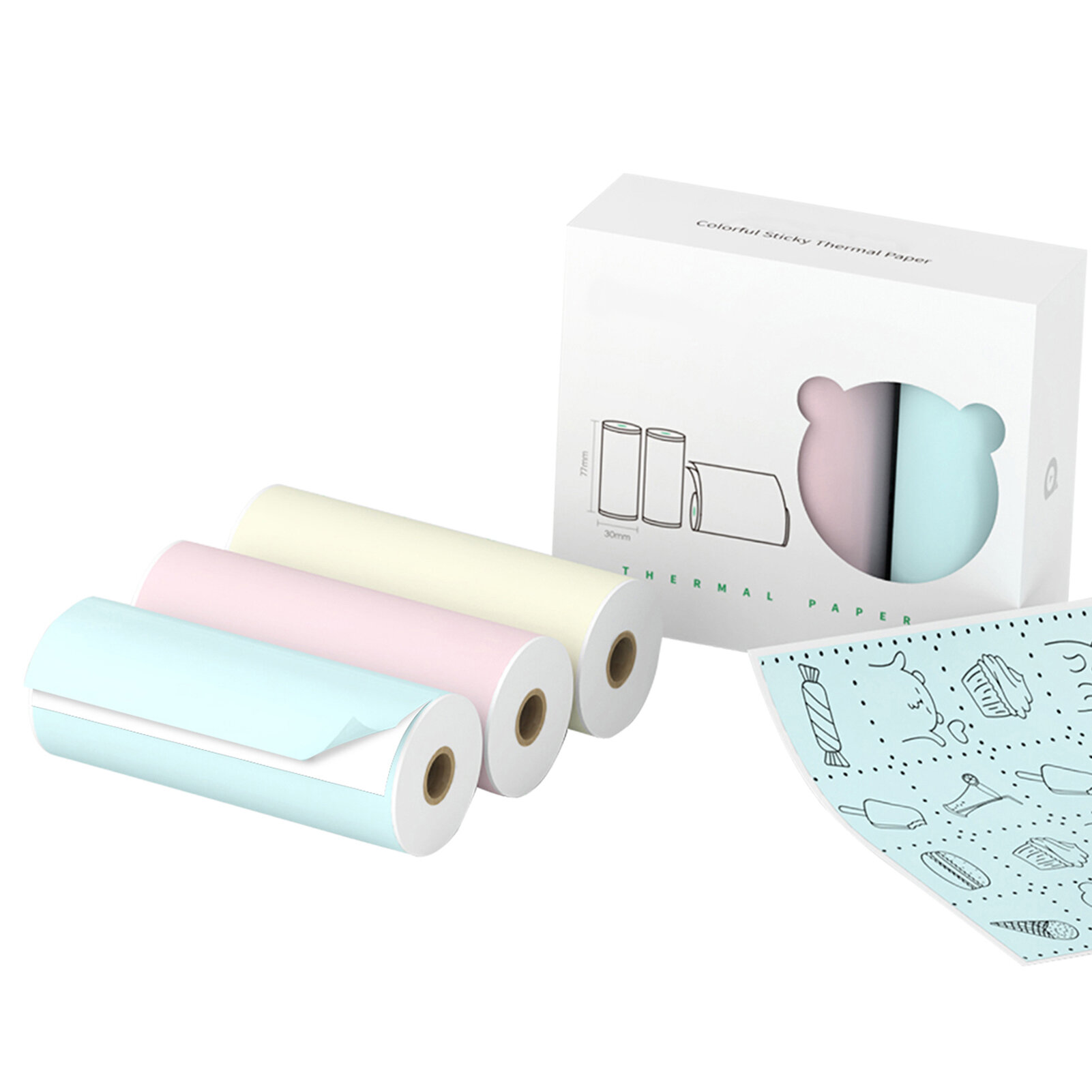 Самоклеящаяся цветная термобумага 77 x 30 мм, рулон липкой бумаги для печати, не содержащей бисфенола А, водостойкой, маслостойкой, устойчивой к трению, для карманного мобильного принтера PeriPage A9/A9s/A9 Pro/A9 Max/A9s Max Mini, 3 рулона