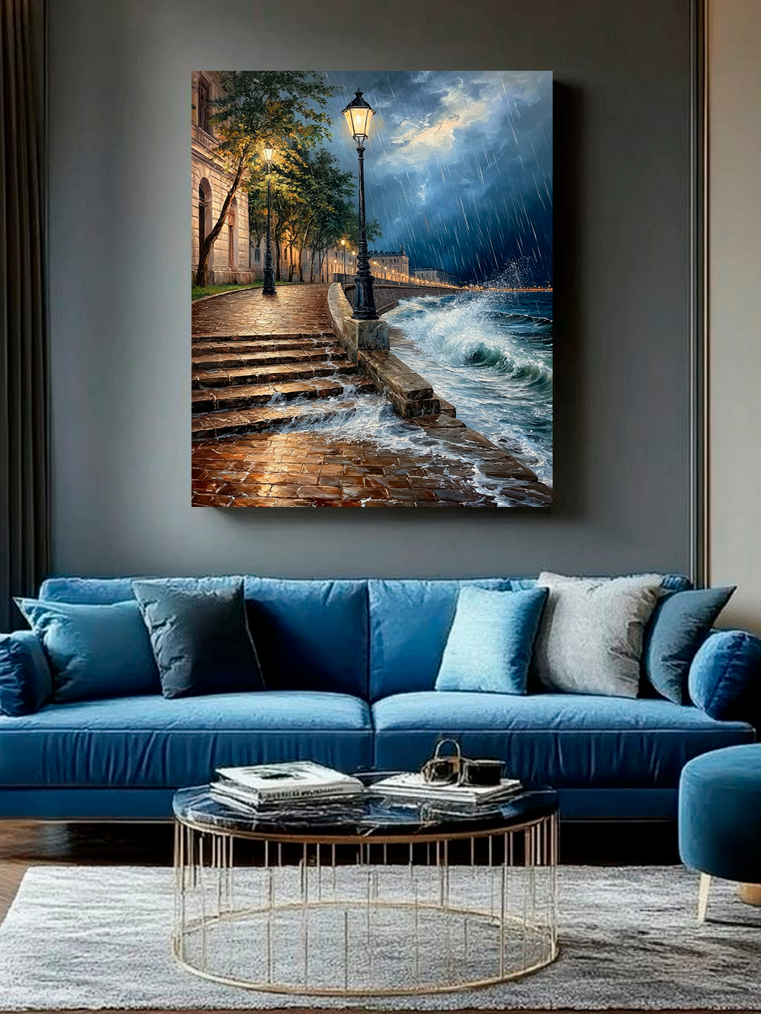 Картина на стену для интерьера "Шторм на набережной" 40х50 см, холст на подрамнике, InterToys