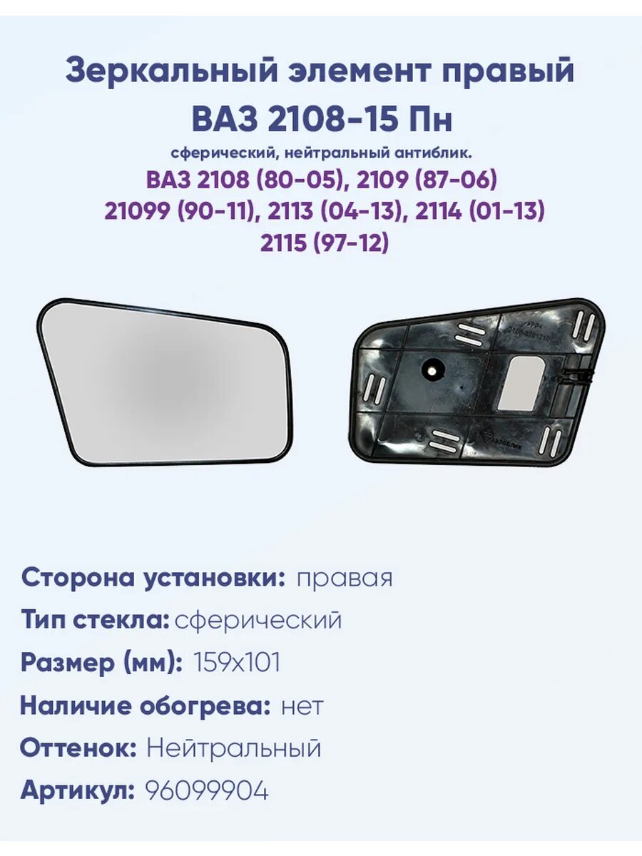 Зеркальный элемент правый ВАЗ 2108-15 Пн 96099904