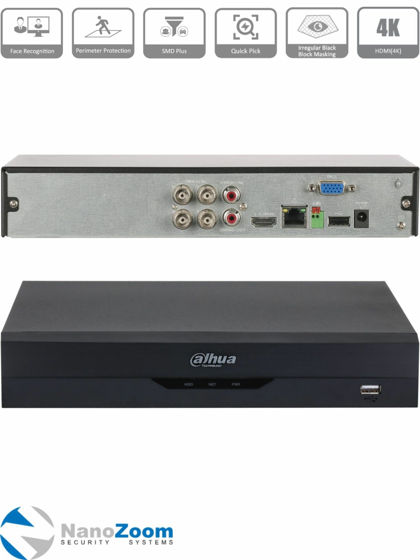 Dahua DH-XVR5104HS-5M-I3/T - 4 канальный видеорегистратор для видеонаблюдения HDCVI, XVR-регистратор гибридный 5M-N/4M-N/1080p/720p 1HDD DVR, SMD Plus H.265+/H.265, поддержка HDCVI, AHD, TVI, CVBS, IP