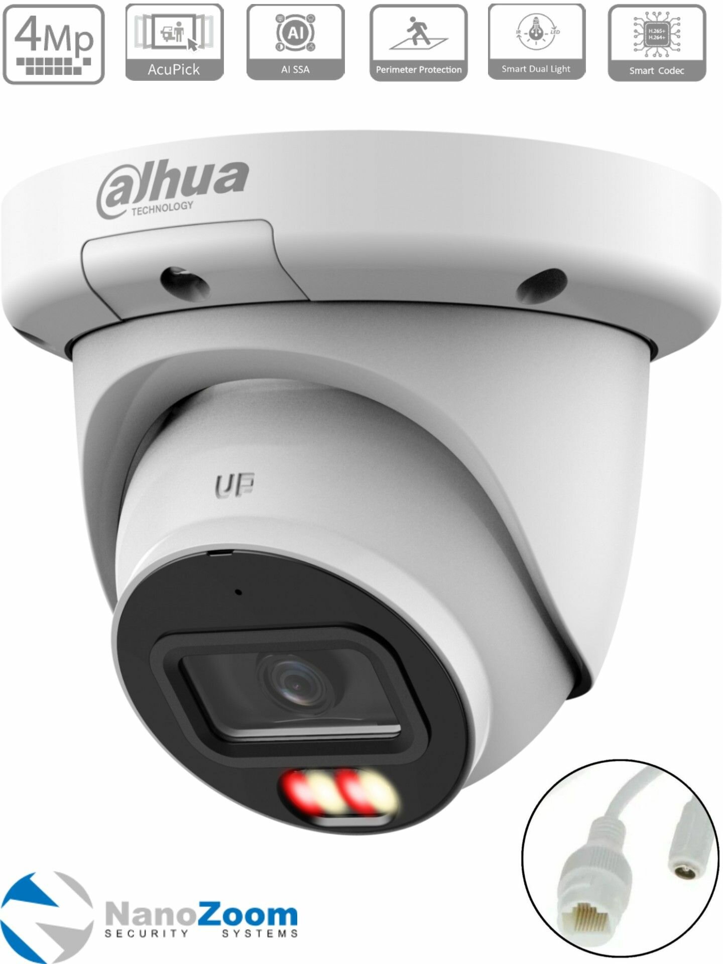 Dahua DH-IPC-HDW3449QMP-S-IL-0280B 4Мп 2,8 мм камера видеонаблюдения IP внутренняя и уличная, цифровая купольная IP-видеокамера для улицы и помещений Full color ИК/LED подсветка