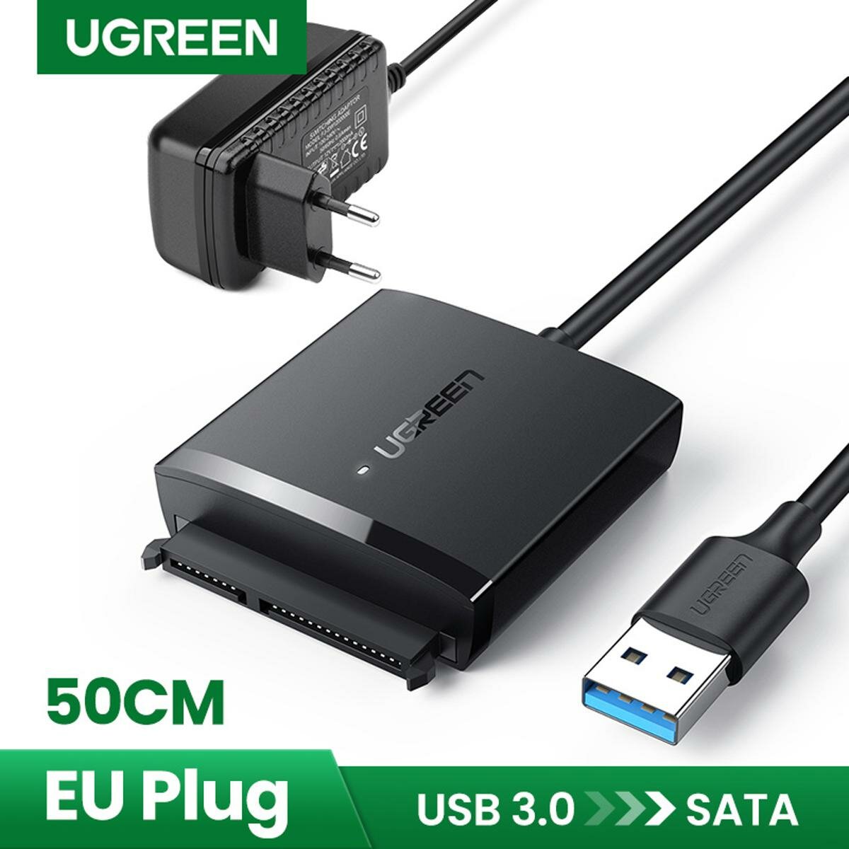 Кабель-адаптер UGREEN SATA - USB 3.0 для 3,5/2,5-дюймовых твердотельных накопителей HDD SATA III, конвертер жестких диск