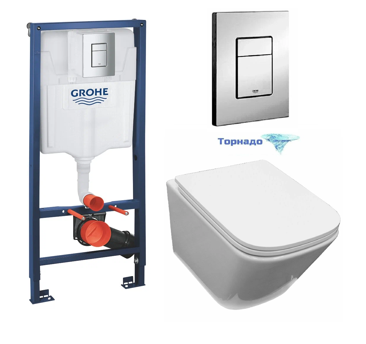 Комплект ПЭК унитаза (система смыва торнадо) с быстросъемным сиденьем микролифт и инсталляцией GROHE Rapid SL с квадратной кнопкой хром 38772001