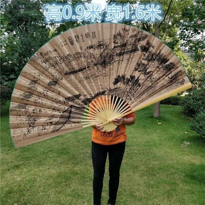 Китайский большой веер на стену / сакура на голубом фоне / бамбук, шелк135