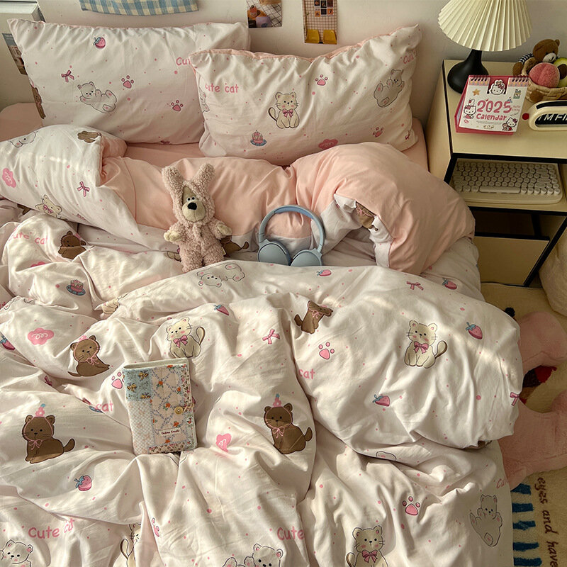 Комплект из четырех простыней из стираного хлопка с милым рисунком (класс А), осеннее постельное белье, пододеяльник для студенческого общежития, комплект из трех предметов,180*220cm