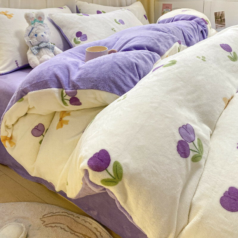 Комплект постельного белья из зимнего молочного флиса (4 предмета), простыня из утолщенного кораллового флиса, пододеяльник, комплект постельного белья из 3 предметов из двухстороннего флиса с бортиками,120*200cm