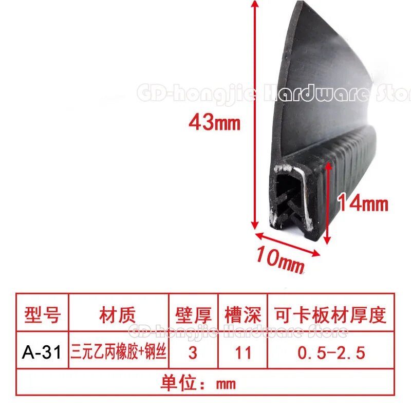 Резиновая уплотнительная лента U-образная черная A-31