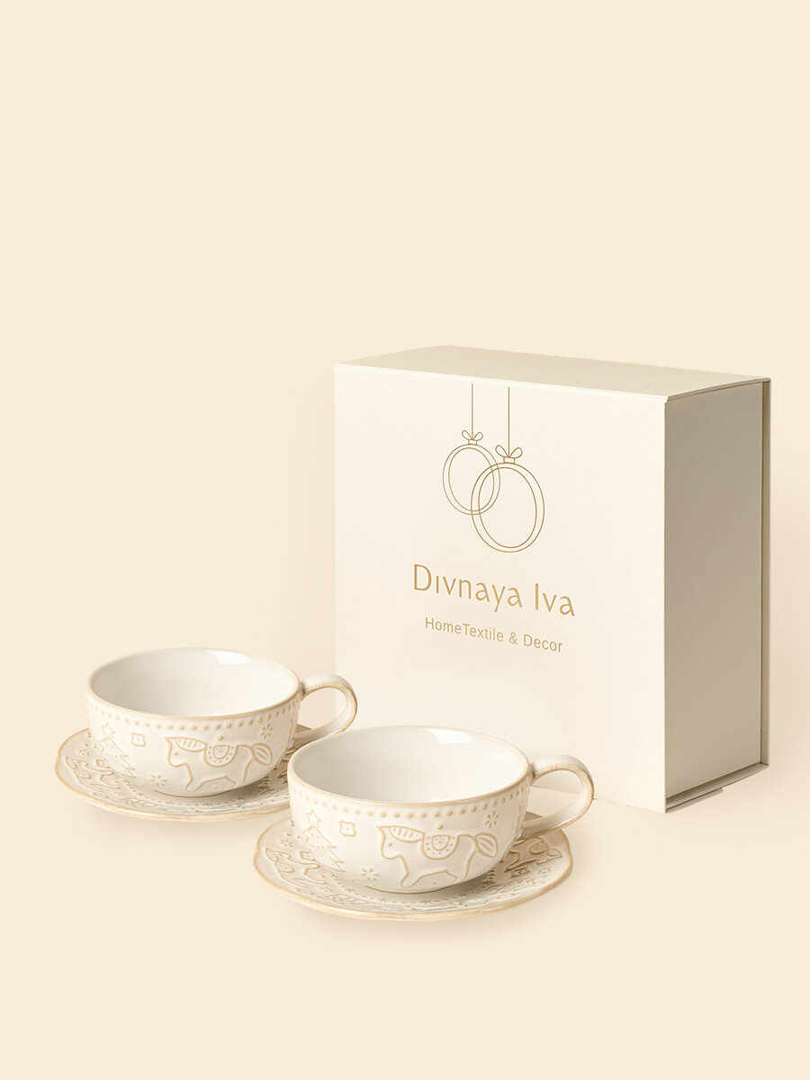 Премиальный подарочный набор чайных пар на двоих из твердого фарфора, посуда с рисунком пряничный домик, Divnaya Iva ( Дивная Ива)
