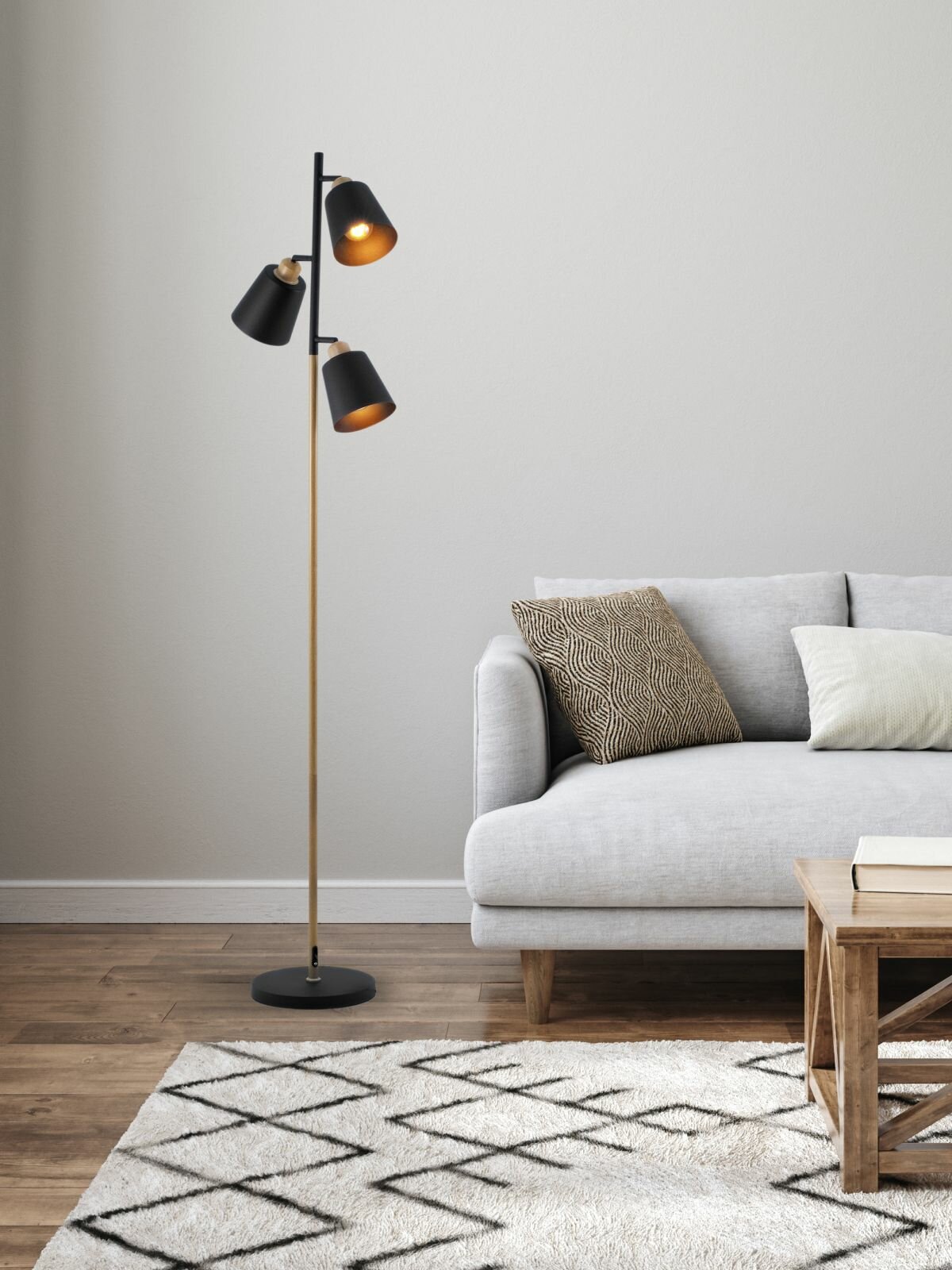 Напольный светильник торшер V3051-3F песочный черный, коричневое дерево