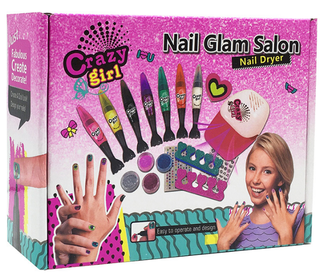 JOYSAE Набор для маникюра и педикюра с ручками для ногтей, 7 основных цветов, для девочек 5-10 лет, включающий сушилку для ногтей, 4 цвета глиттера, пилку для ногтей, 2 разделителя пальцев ног и наклейки