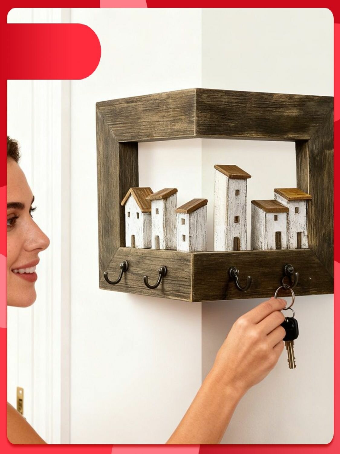 Эксклюзивная настенная ключница, деревянная модель с 4 крючками