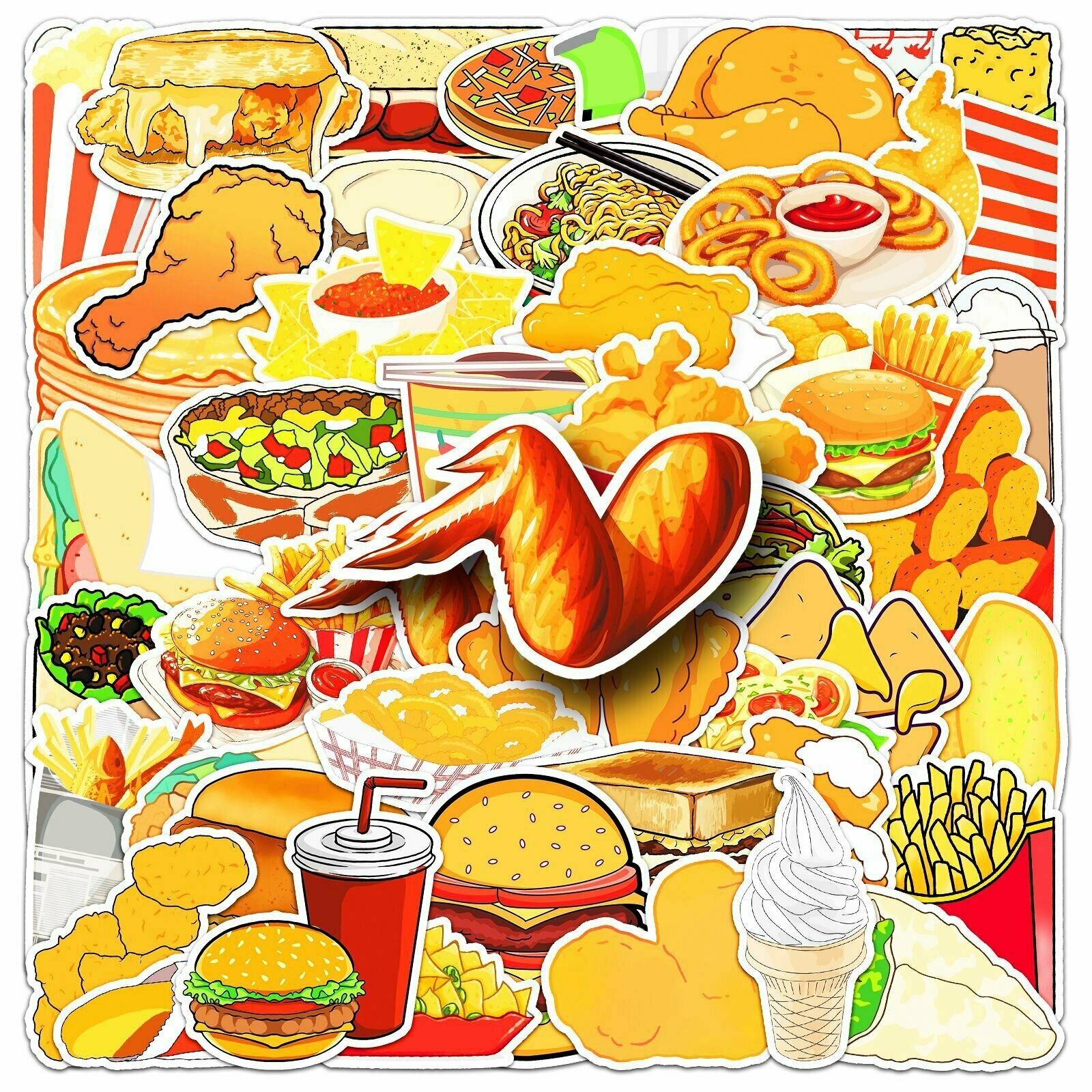 Набор из 50 наклеек с изображением фастфуда, виниловые наклейки в стиле кавайных мультфильмов с бургерами, жареной курицей, картофелем фри, мороженым, пиццей и закусками, водонепроницаемые наклейки для ноутбука, телефона, шлема, холодильника и т. д.