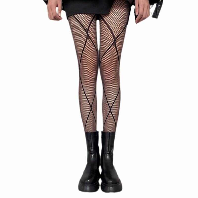 Черные шелковые чулки в ромбовидную сетку-large rhombus mesh