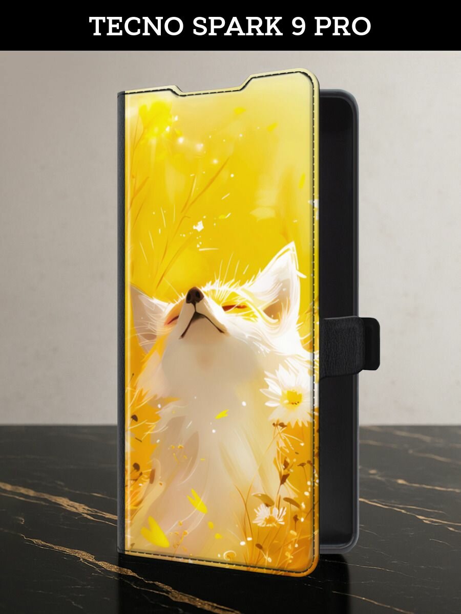 Чехол-книжка на Tecno Spark 9 Pro (Текно Спарк 9 Про) с картой и принтом "Лиса в поле"