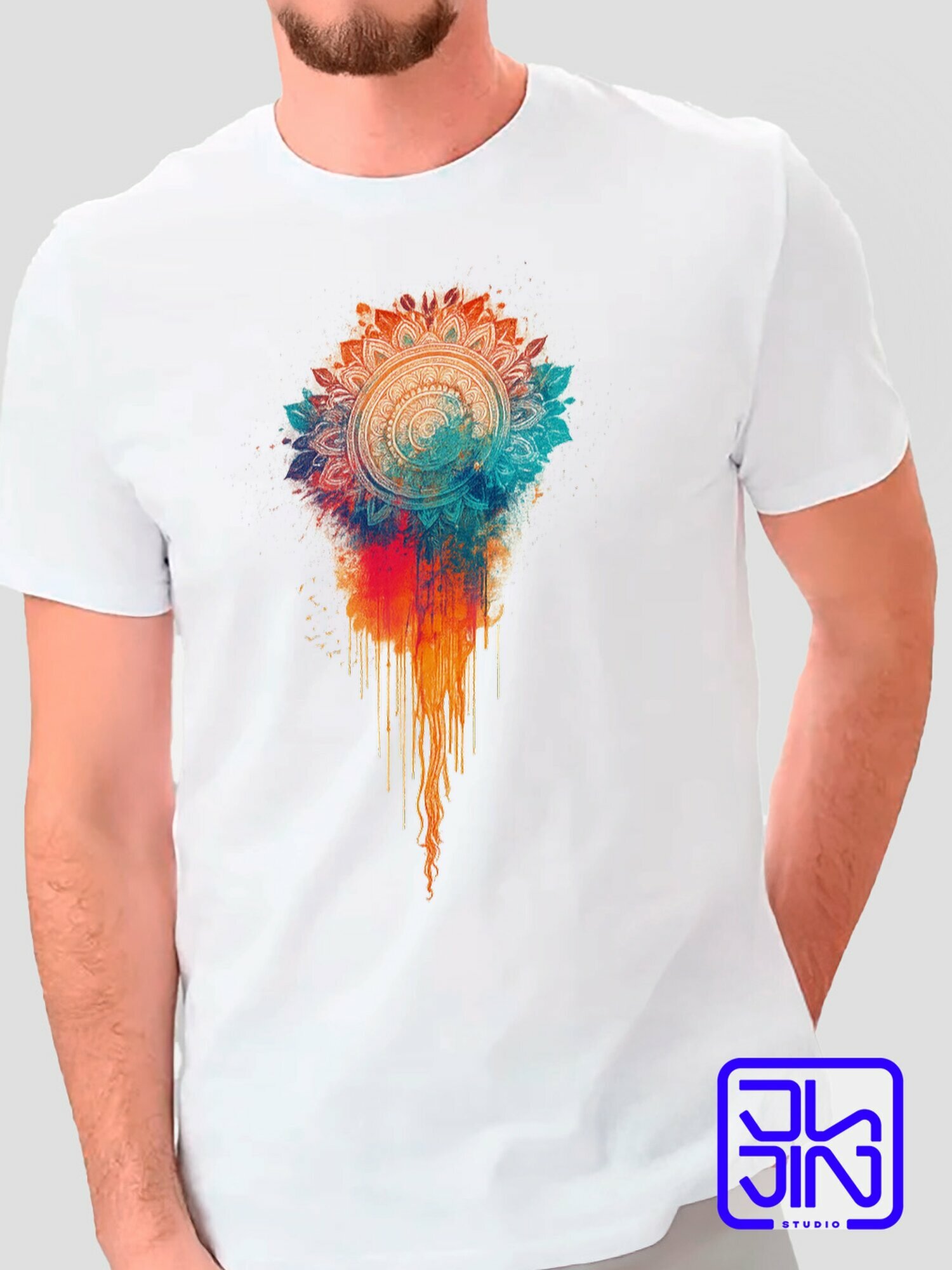 Футболка классическая мужская с авторским принтом Мандала абстрактная пестрая граффити геометрическая в бирюзово-оранжевых тонах, белый хлопковый трикотаж с прикольным рисунком на груди