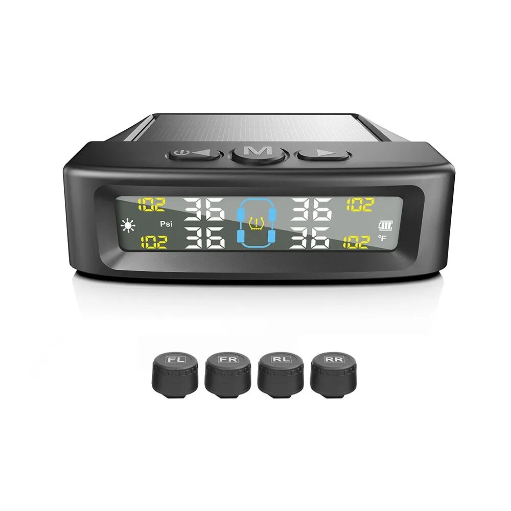 TPMS Система контроля, давления в шинах Солнечная автомобильная сигнализация Пресс-сигнал, ЖК-дисплей Предупреждение о температуре, с 4 внешними датчиками