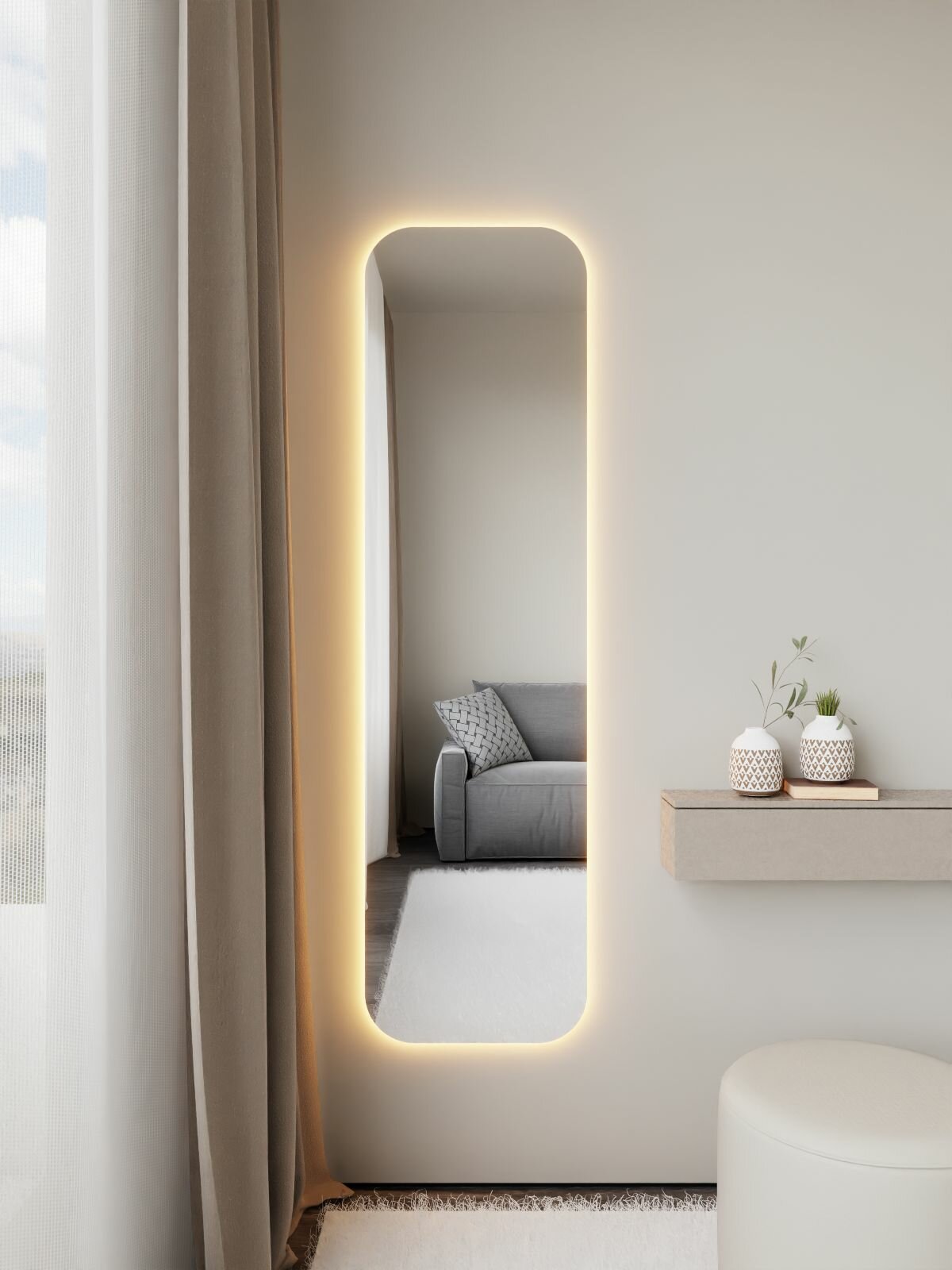 Зеркало настенное 160х40 см. мягкий квадрат BLX MIRROR с подсветкой теплый свет 3000К