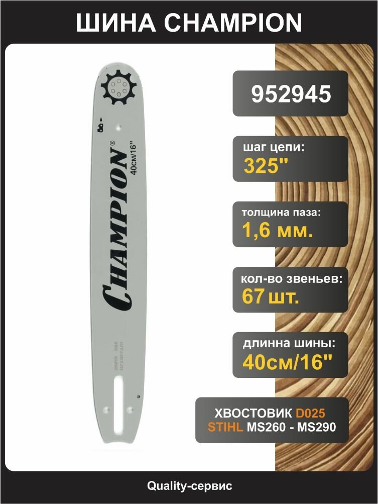 Шина для бензопилы STIHL 325", 1.6мм, 67 звеньев, 16"/40см Champion (952945)