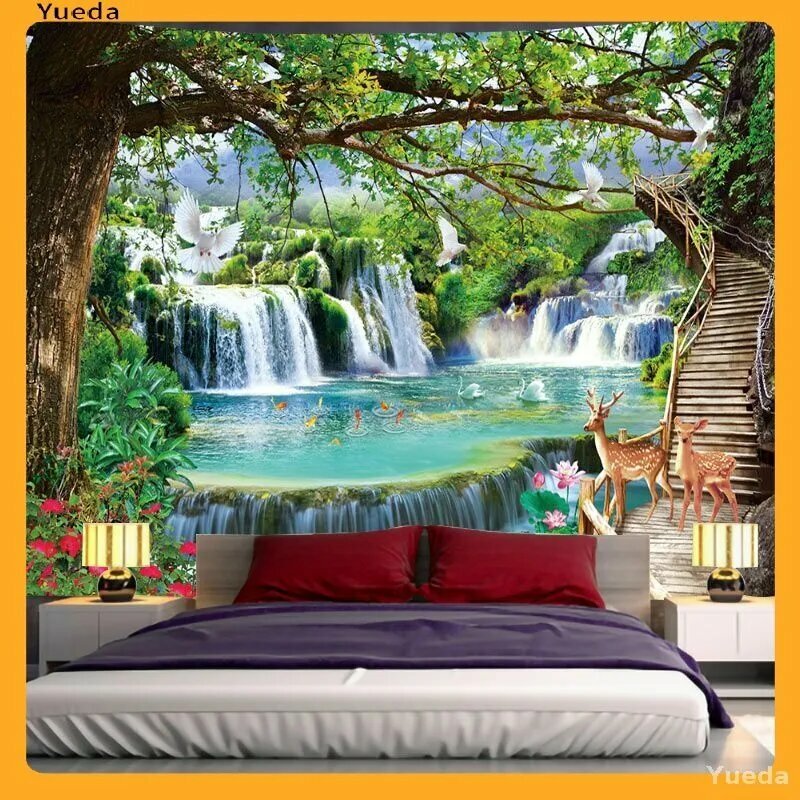 Гобелен "Лесной водопадный пейзаж палевого цвета", 300х180 см, 300X180CM