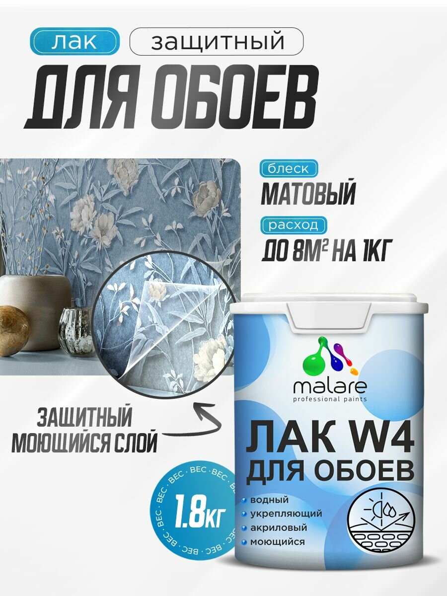 Лак для защиты обоев Malare Professional универсальный для дерева и минеральных поверхностей, водный без запаха быстросохнущий, бесцветный, матовый, 1,8 кг