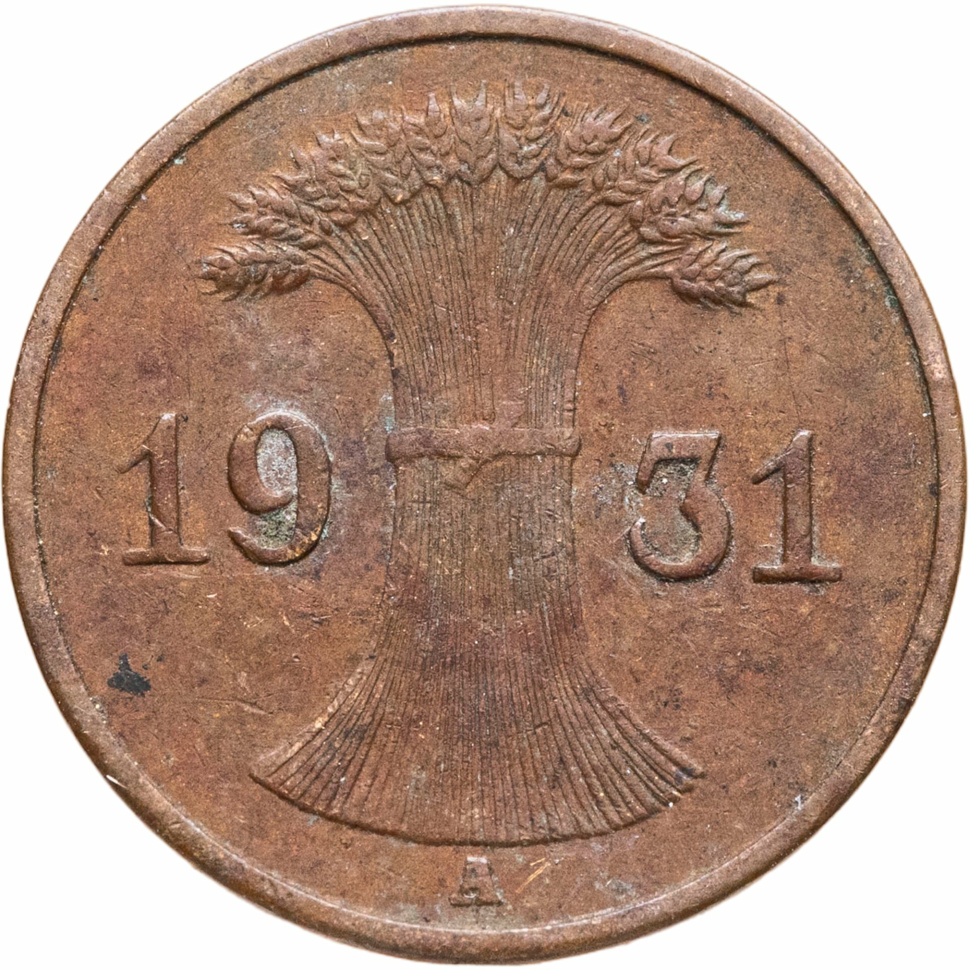 Германия 1 рейхспфенниг reichspfennig 1931, знак монетного двора "A" — Берлин, Бронза, в сохранности VF-XF