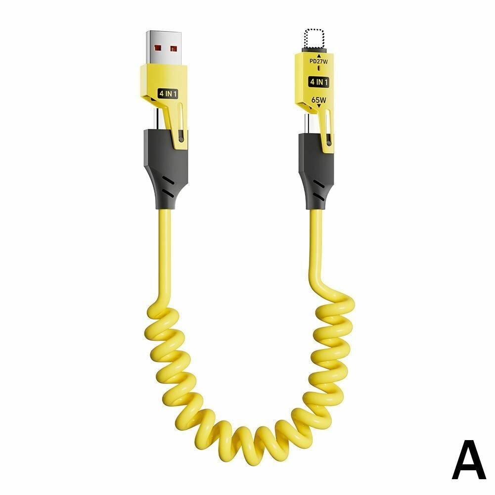 4in1 Кабель для быстрой зарядки TYPEC 65W с двойным наконечником, пружинный, автомобильный PD27W выдвижной кабель