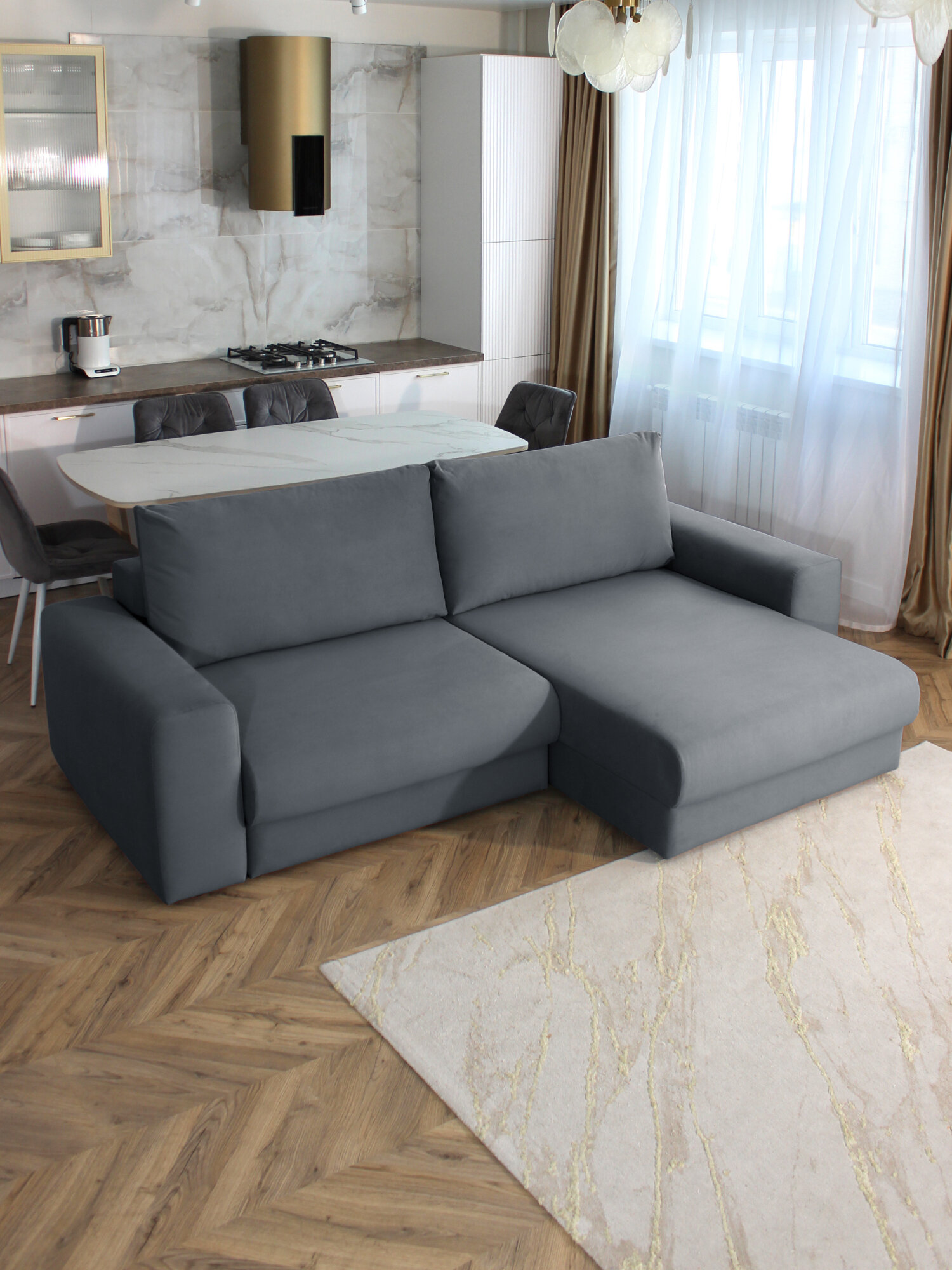 Диван-кровать угловой Лофт серый, правый угол, Независимый Пружинный Блок, механизм выкатная Еврокнижка, 250х155х65 см