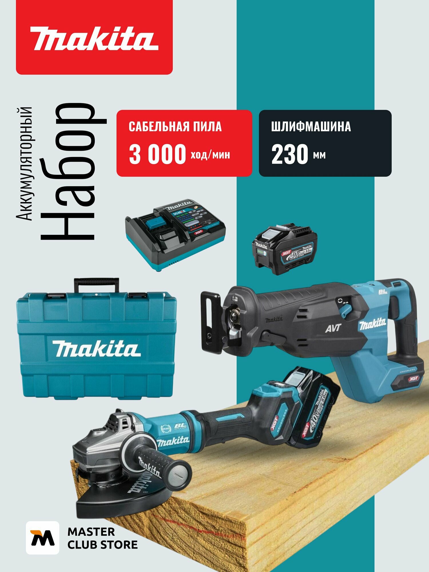 Аккумуляторный набор Makita, 40 В: сабельная пила JR002 + угловая шлифмашина GA038, с 2 АКБ 5 Ач и ЗУ, в кейсе