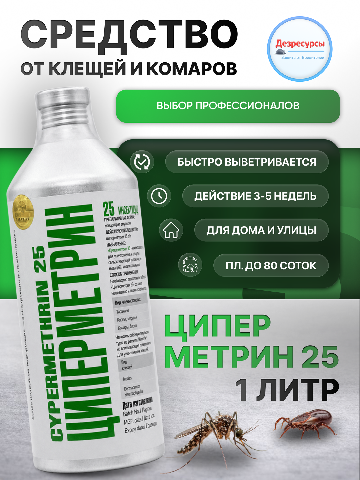 Циперметрин 25, металл. Средство от клещей и комаров, насекомых 1л