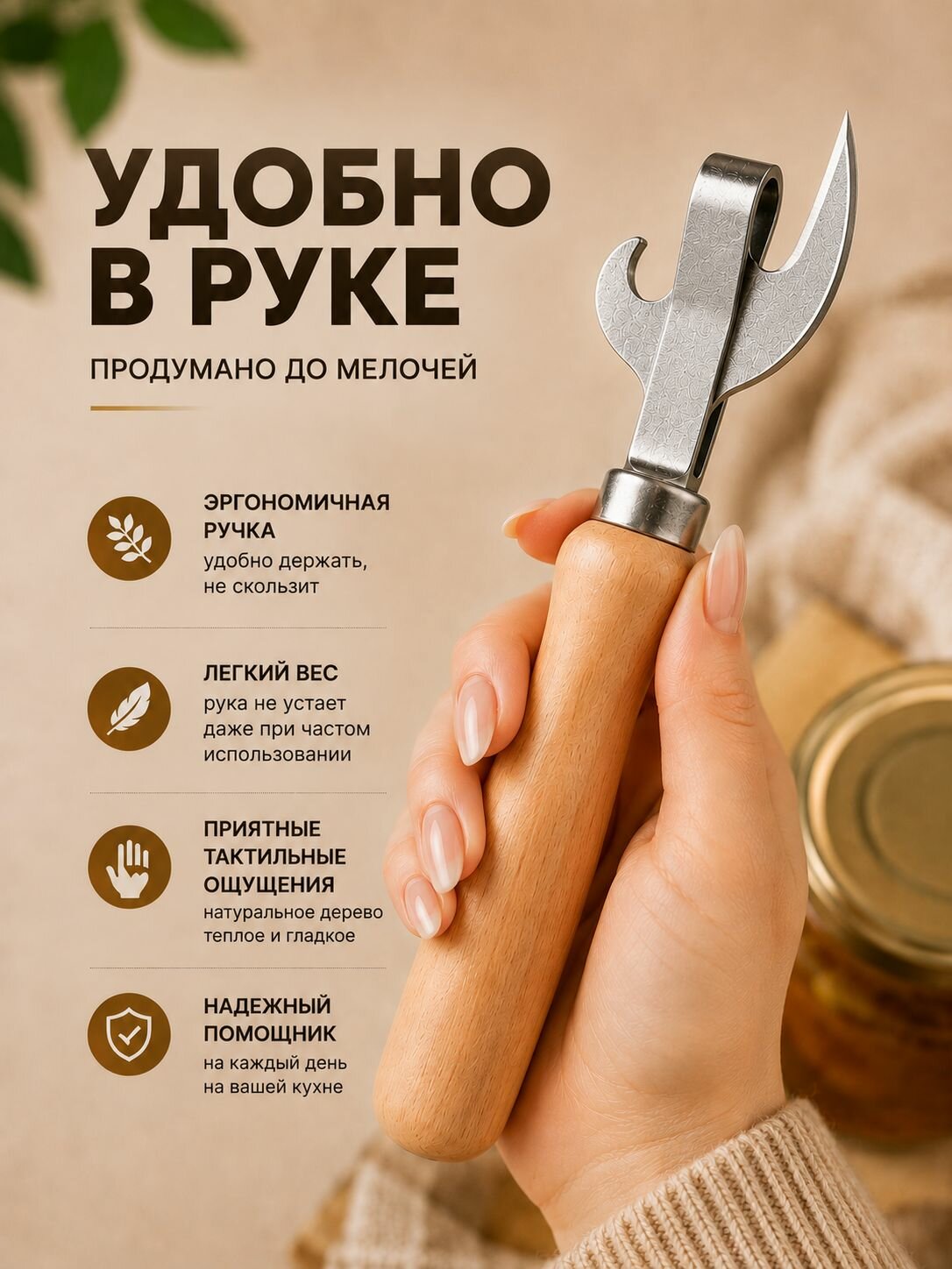 Консервный нож с деревянной ручкой, универсальная открывашка для банок и бутылок
