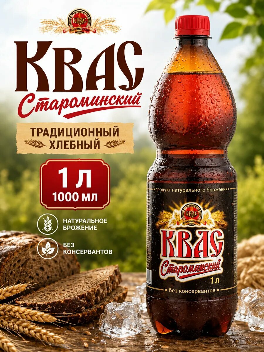 Квас Староминский Традиционный хлебный 1 литр
