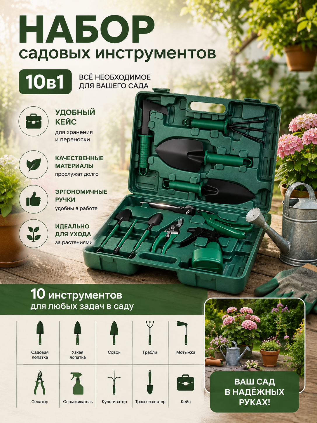 Набор садовых инструметнтов для сада, дачи и дома 10 в 1, профессиональный, прочный и легкий кейс, зеленый