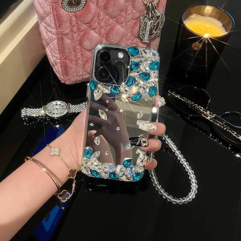 Чехол "Украшение", для iPhone 17 Pro Max, с зеркальным эффектом，Белая и синяя бусина сверху и снизу, браслет
