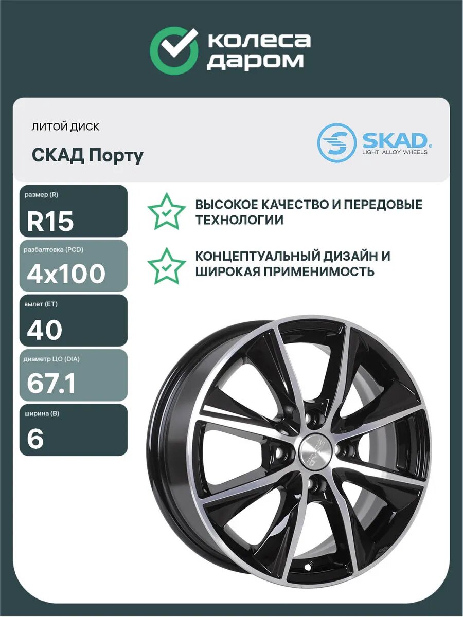 Колесный диск автомобильный СКАД Порту 6xR15 4x100 ET40 DIA67.1
