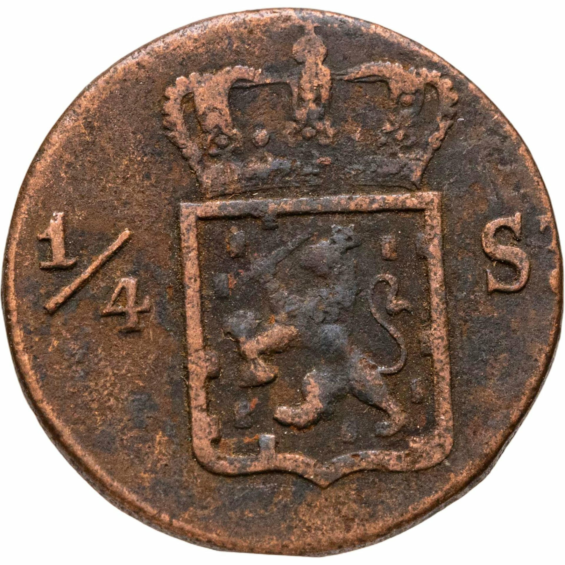 Голландская Ост-Индия 1/4 стювера 1826, Медь, в сохранности F