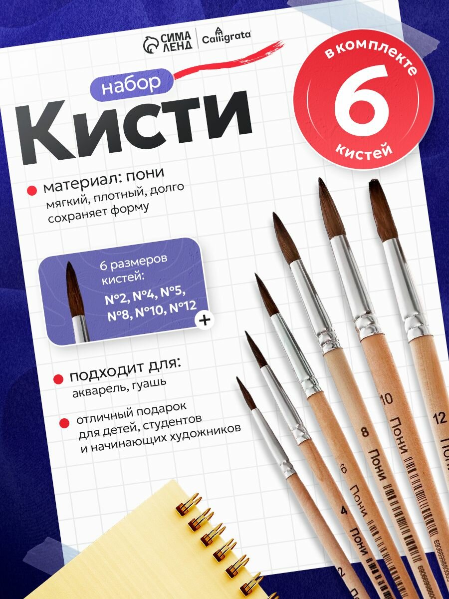 Кисточки для рисования пони 6 штук (№2, 4, 6, 8, 10, 12 ) круглые набор кистей для творчества разные номера