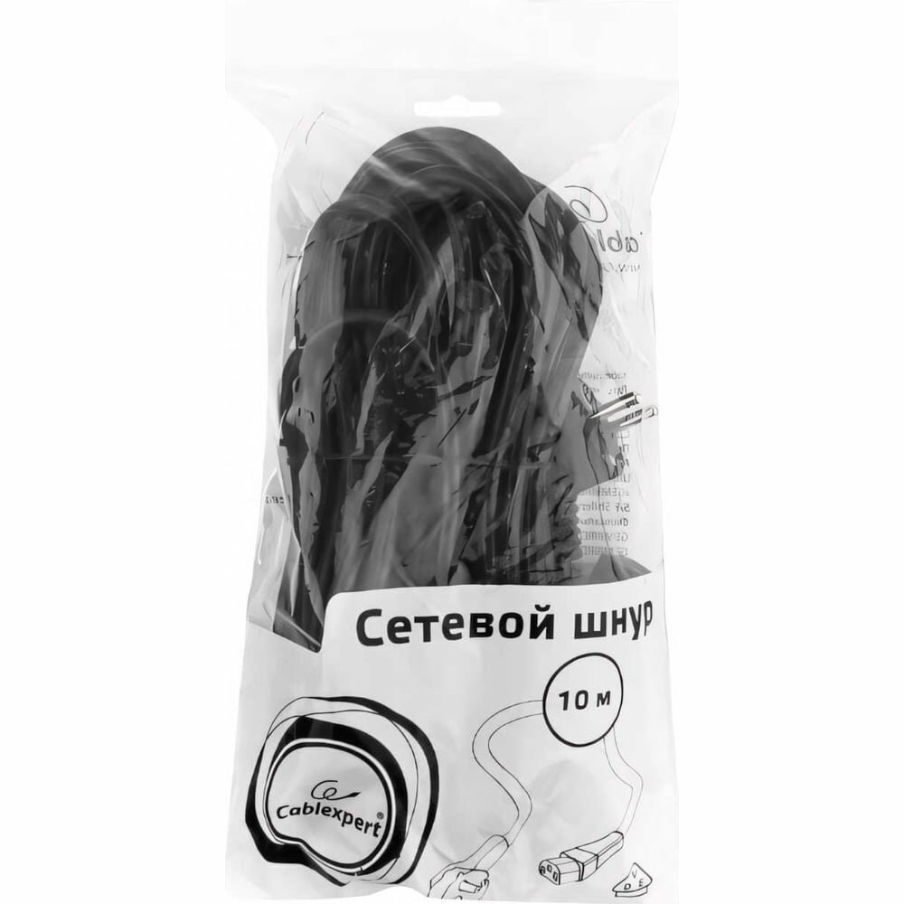 Кабель питания Cablexpert Schuko-C13, VDE, 3х0.75мм2, 10А, с заземлением, 10м, черный, пакет PC-186-VDE-10M — фото 1