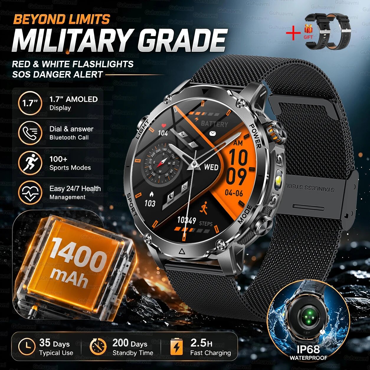 Smart Watch GPS 1400 mAh AMOLED IP68 Black Mesh Belt 2A