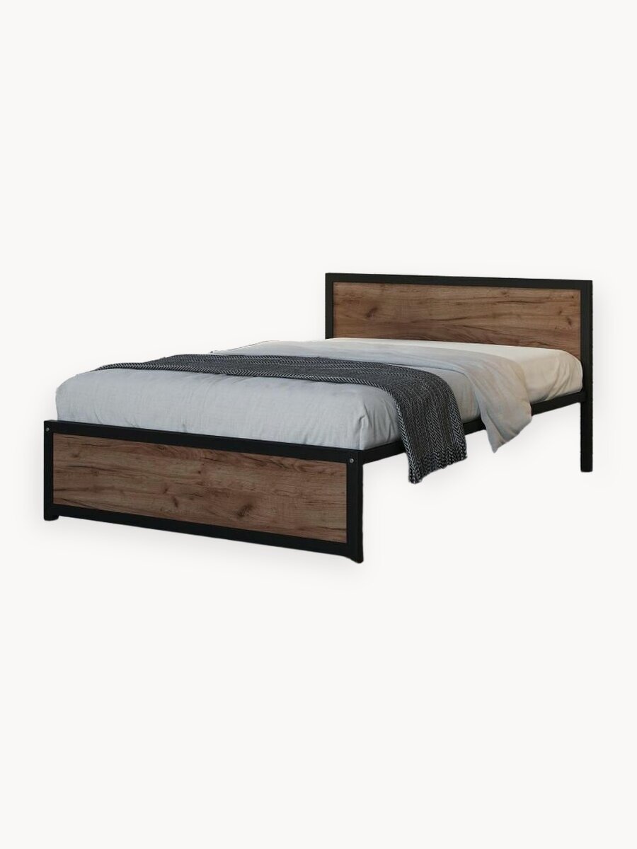 Кровать металлическая Титан Лофт 120х200 см Черный/дуб крафт табак без ящиков