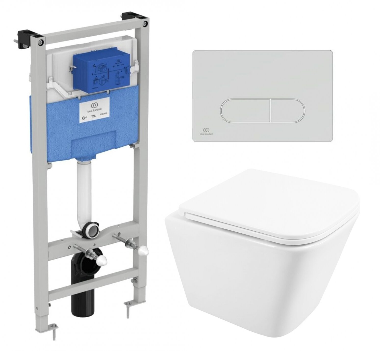 Комплект 3 в 1 инсталляция Ideal Standard + Унитаз подвесной BelBagno Due BB3103CHR/SC + кнопка хром