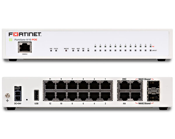 Межсетевой экран FORTINET FortiGate FG-80E-POE USED 16x GE RJ45 ports including 2x WAN ports, 1x DMZ port, 1x HA port, 12x PoE ports
