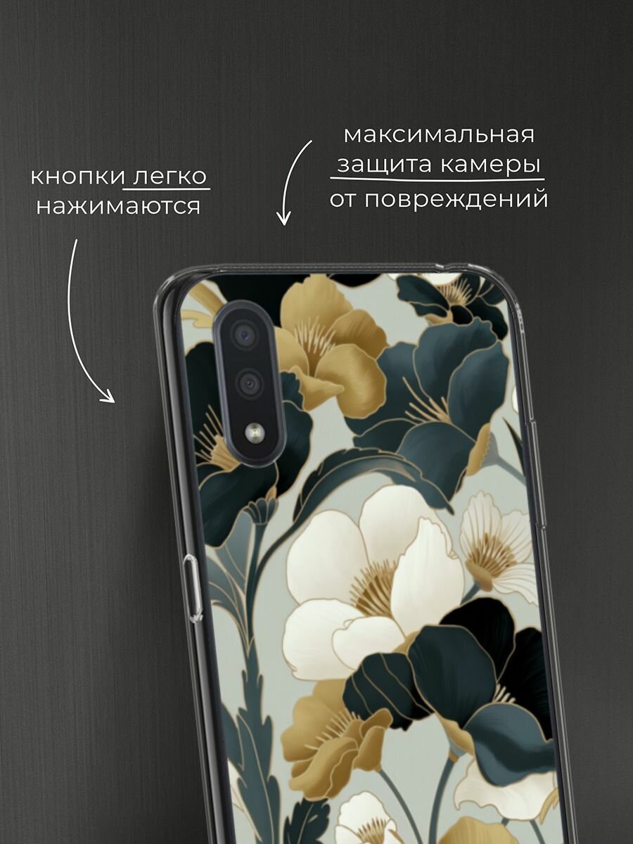 Чехол на Samsung Galaxy A01 / Самсунг Гэлакси А01 с принтом Золотые и белые цветы — фото 1