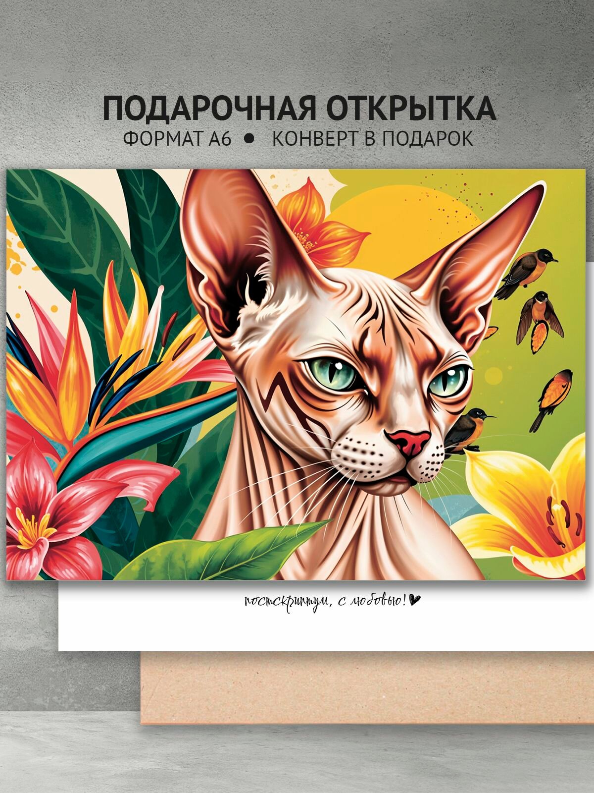 Подарочная открытка с иллюстрацией кошки на день рождения, юбилей, просто так