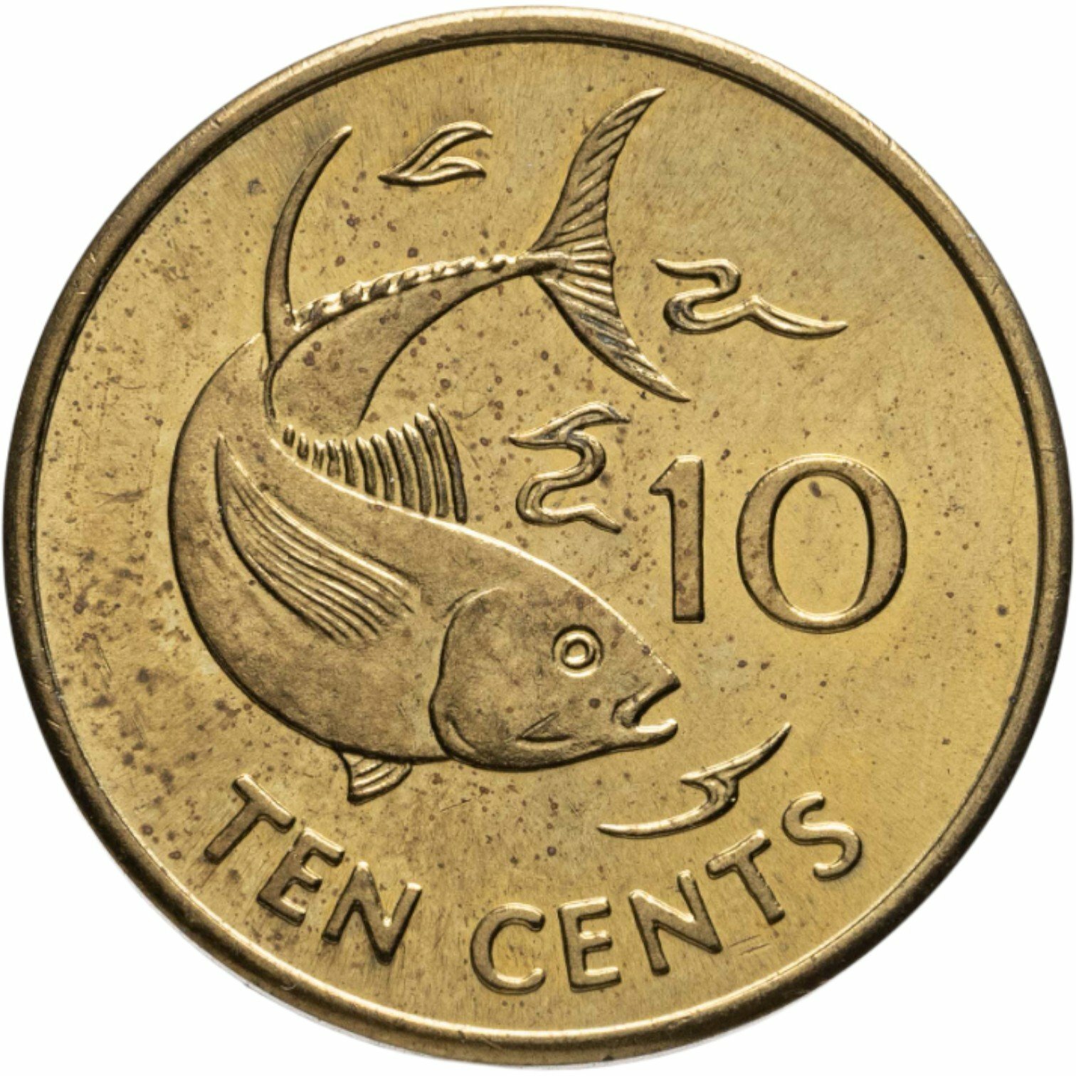 Сейшелы 10 центов 1997 "Рыба - Тунец", Латунь, в сохранности AU-UNC