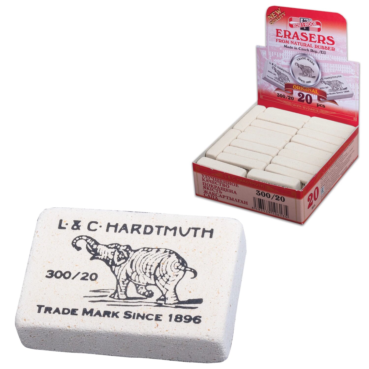 Ластик KOH-I-NOOR "Слон" 300/20, 453212 мм, белый, прямоугольный, натуральный каучук, 0300020024KDRU, 4шт.