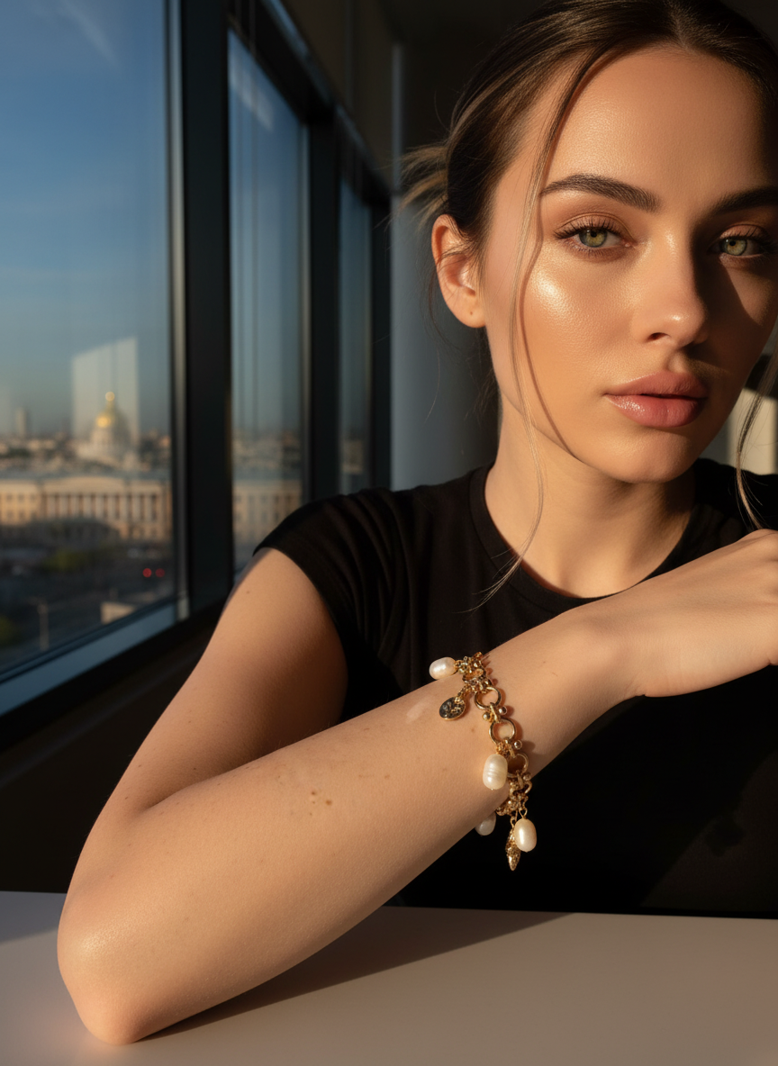 Плетеный браслет SUNRISE, фианит, жемчуг пресноводный культивированный