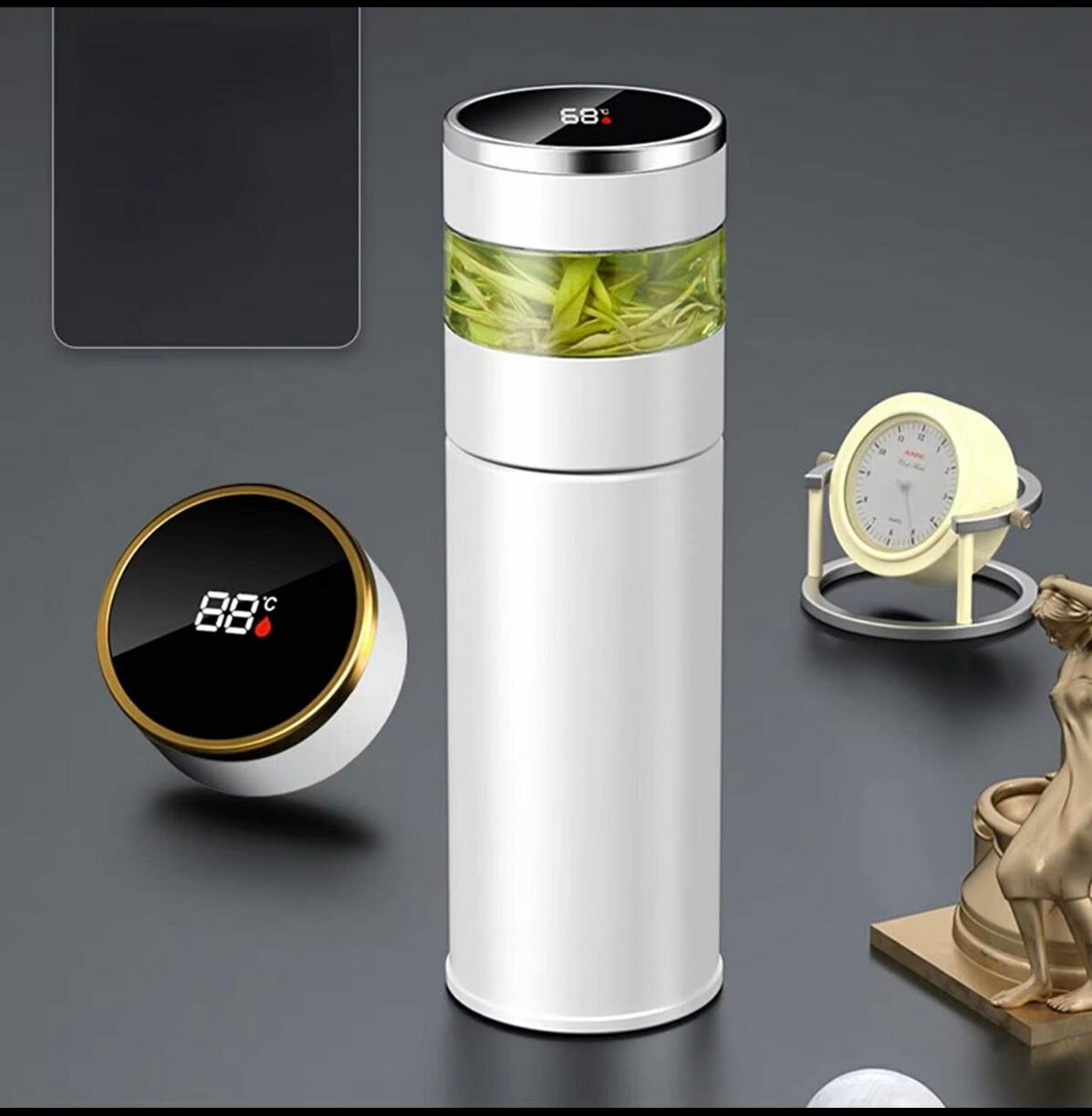 Термокружка, сталь, 500 мл, непроливайка, с ситечком, OLED-дисплей, белая