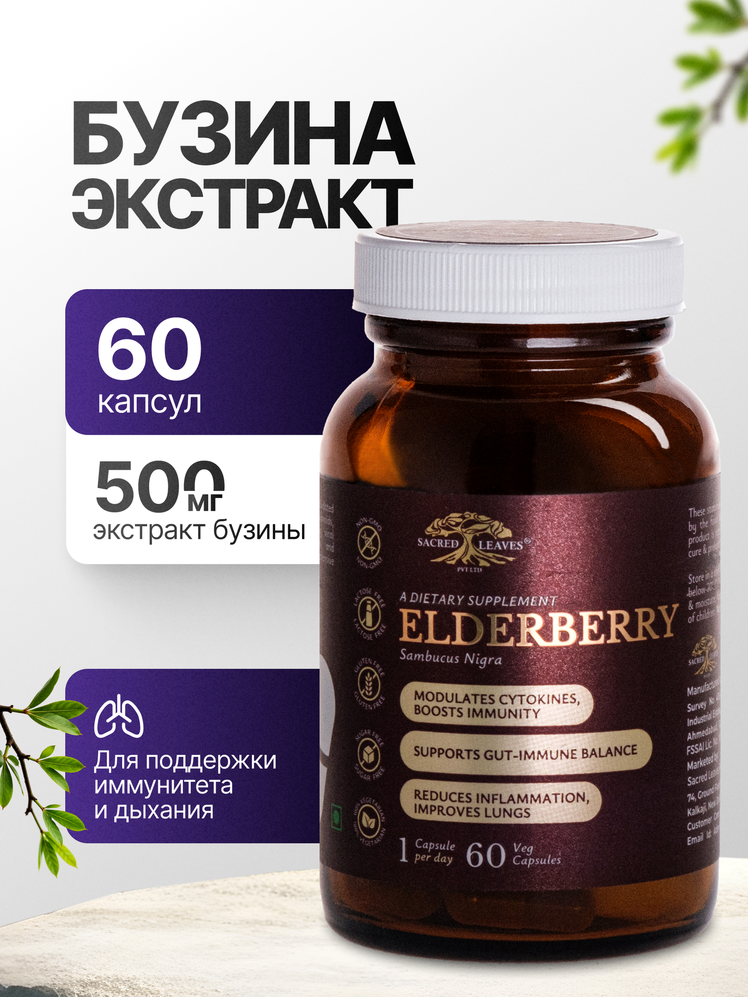 Бузина Экстракт 500 мг поддержка иммунитета и дыхания/Sacred Leaves Elderberry Extract